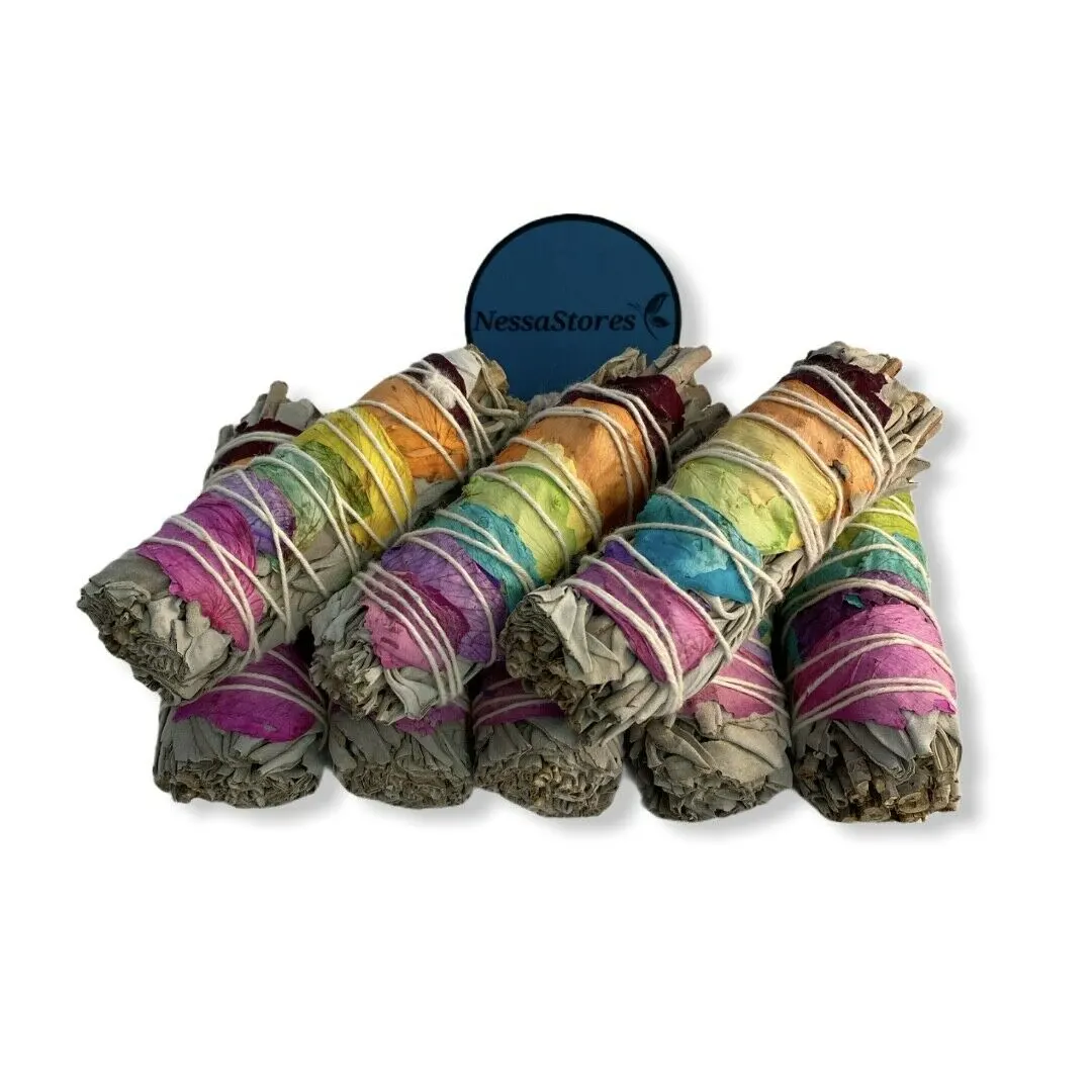White Sage + 7 Chakra Colors Petals Smudge Incense 4" - JC Imports Inc